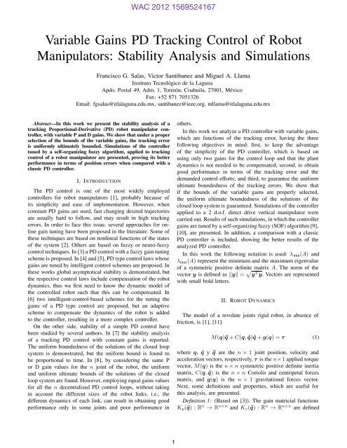 2012 Salas - Variable gains PD tracking control of robot manipulators Stability analysis and ...