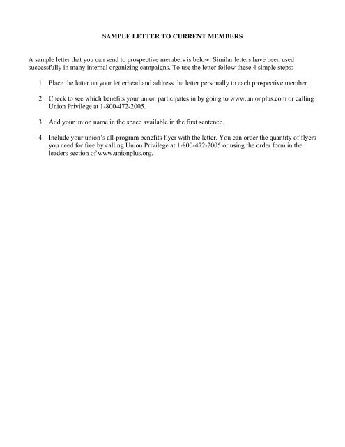 SAMPLE LETTER TO CURRENT MEMBERS A sample ... - Union Plus