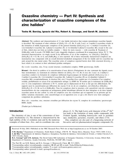 Oxazoline chemistry â Part IV: Synthesis and characterization of ...