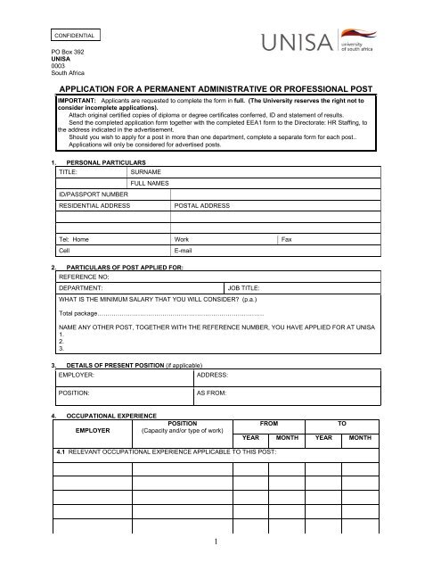 1 application for a permanent administrative or professional post