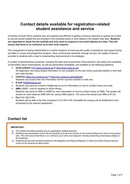 Contact details available for registration-related student assistance ...