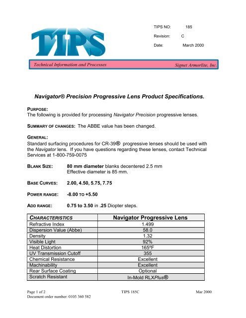Navigator® Precision Progressive Lens Product Specifications ...