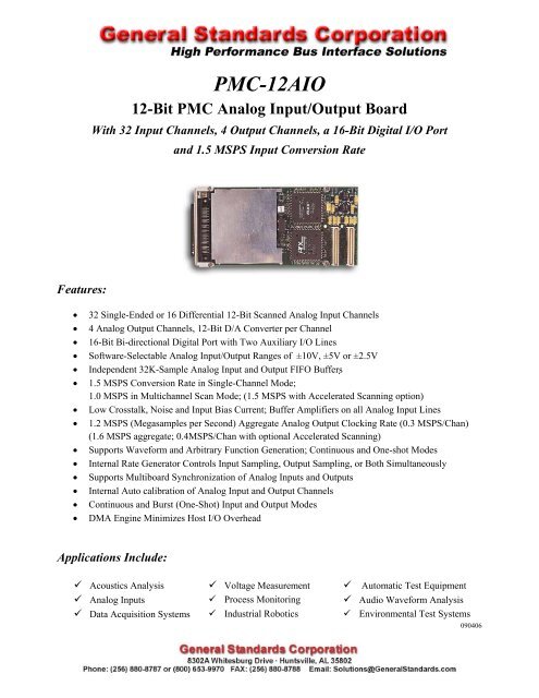 Analog Input/Output, 12-Bit, 32-In, 4-Out, DIO, PMC ... - Unitronix