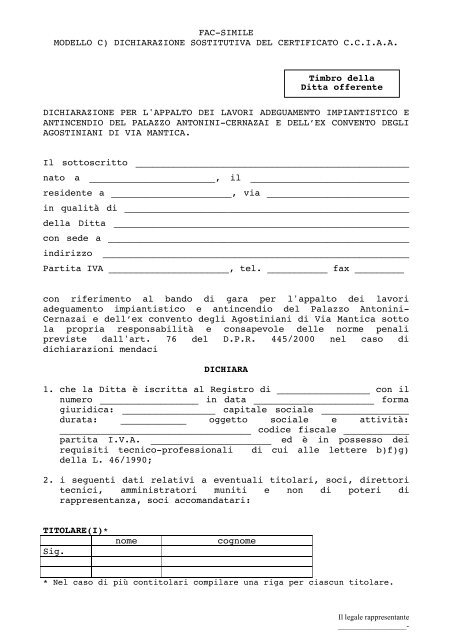 FAC-SIMILE MODELLO C) DICHIARAZIONE SOSTITUTIVA DEL ...