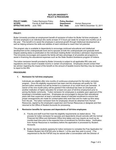 Tuition Remission Policy - Butler University