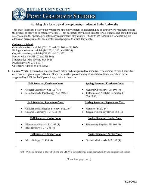 Advising sheet for a typical pre-med student at Butler University
