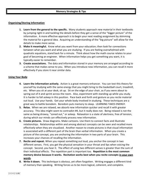 Memory Strategies & Tips Handout