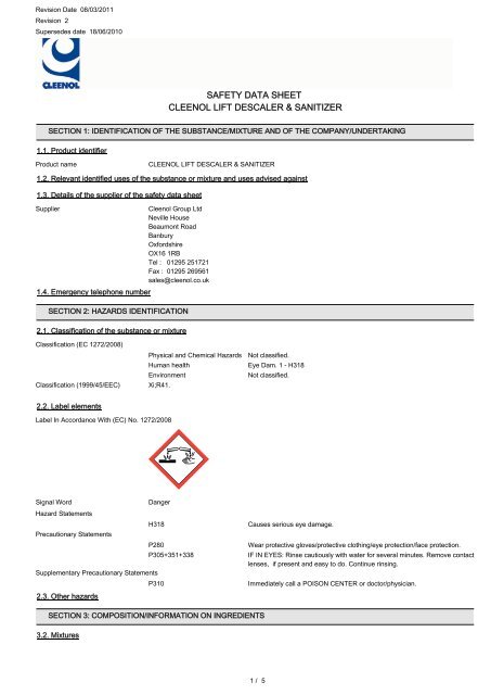 safety data sheet cleenol lift descaler & sanitizer - Gompels.co.uk
