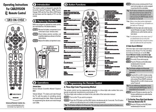 Programming Instructions and Codes - Universal Remote Control
