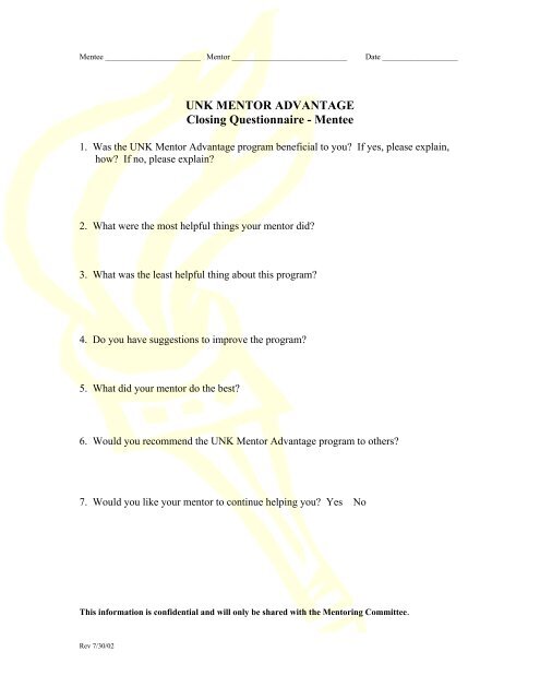 UNK MENTOR ADVANTAGE Closing Questionnaire - Mentee