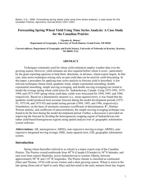 Forecasting Spring Wheat Yield Using Time Series Analysis: A Case ...