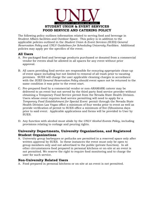 Food Service and Catering Policy - University of Nevada, Las Vegas