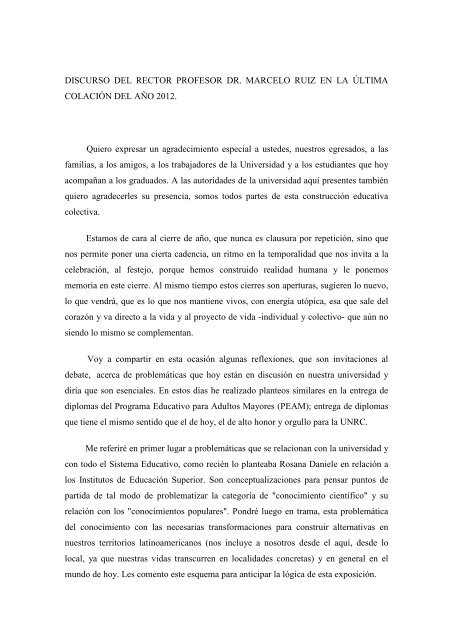 discurso del rector profesor dr - Universidad Nacional de RÃ­o Cuarto