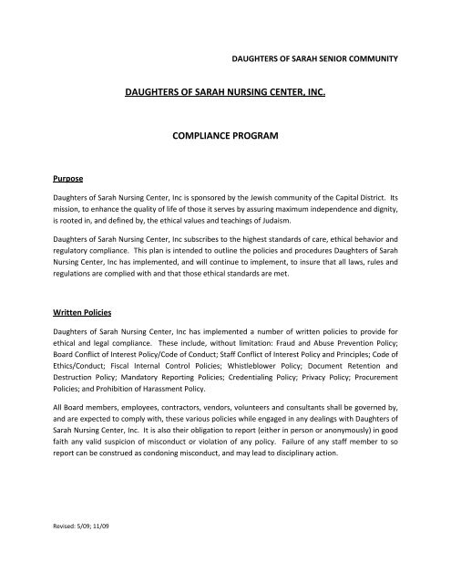 Compliance Program - Daughters of Sarah Senior Community