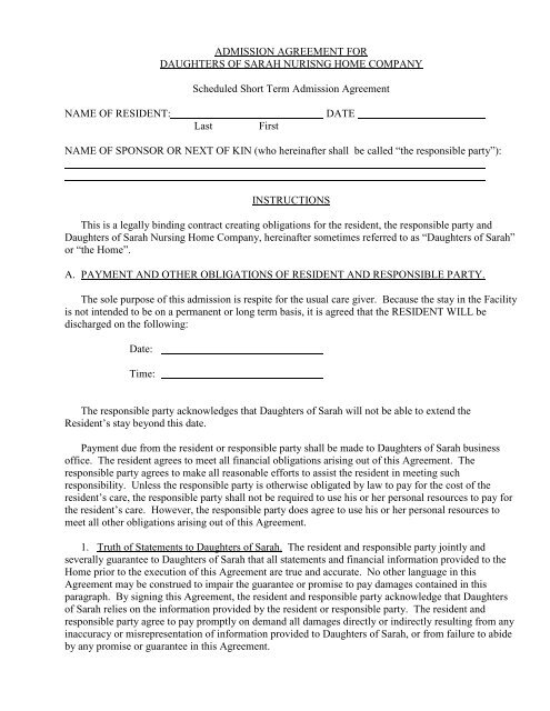 Short Term Respite Admissions Agreement