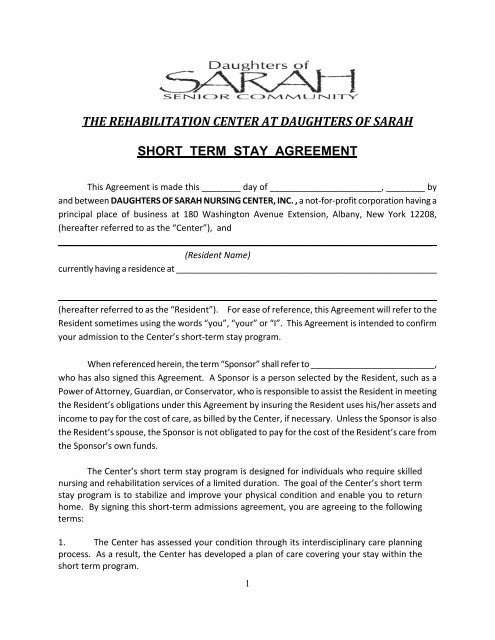 Short Term Admission Agreement - Daughters of Sarah Senior ...