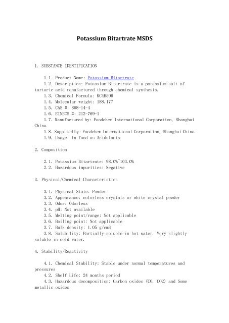 Potassium Bitartrate MSDS