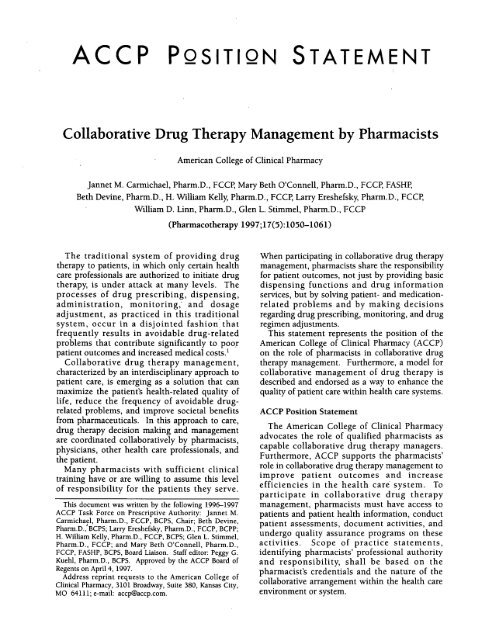 Collaborative Drug Therapy Management by Pharmacists - ACCP