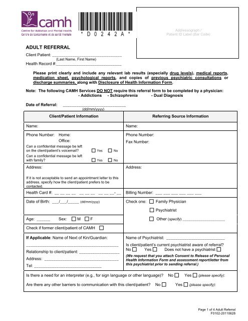 Assessment Service Referral Form - Centre for Addiction and Mental ...