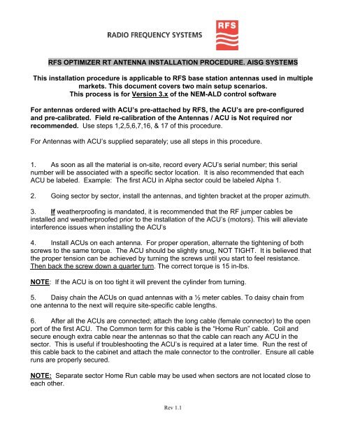 RFS Optimizer Remote Tilt Antenna Installation