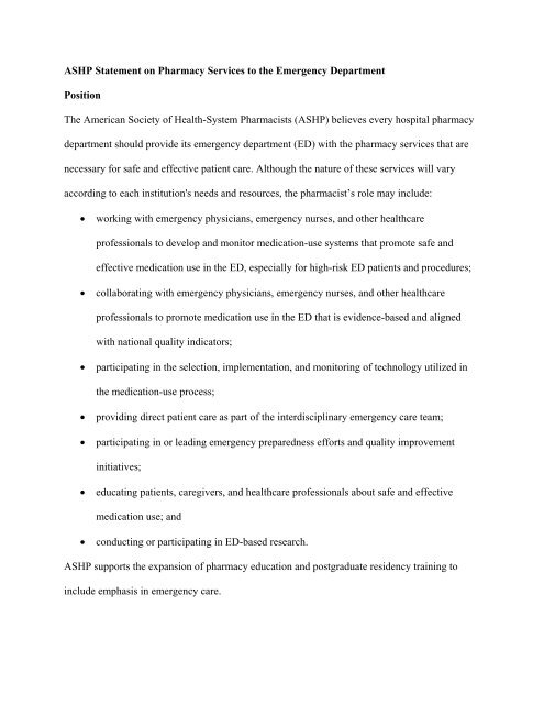 ASHP Statement on Pharmacy Services to the Emergency Department