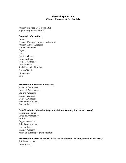 General Application-Clinical Pharmacist Credentials