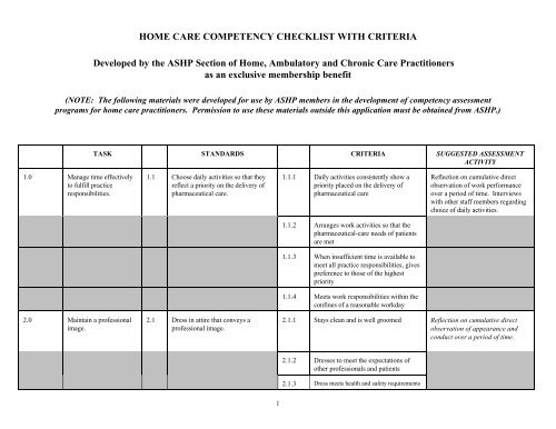 HOME CARE COMPETENCY CHECKLIST WITH CRITERIA ...
