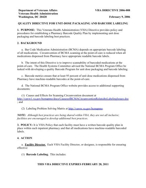 VHA Directive 2006-008, Quality Directive for Unit-Dose Packaging ...