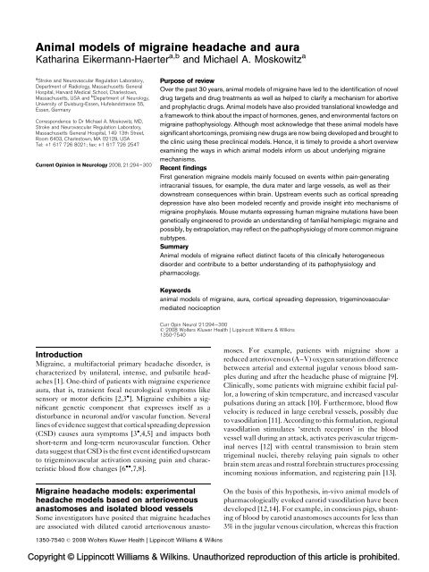 Animal models of migraine headache and aura - ResearchGate