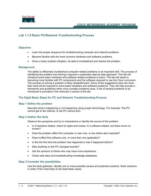 Lab 1 1 9 Basic PC Network Troubleshooting Process