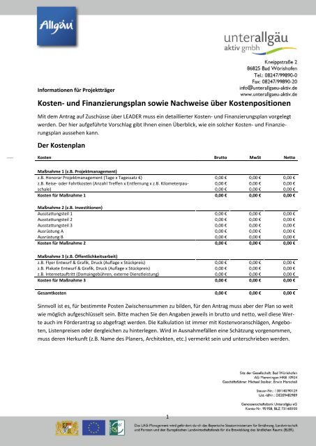 Merkblatt zum Kosten- und Finanzierungsplan