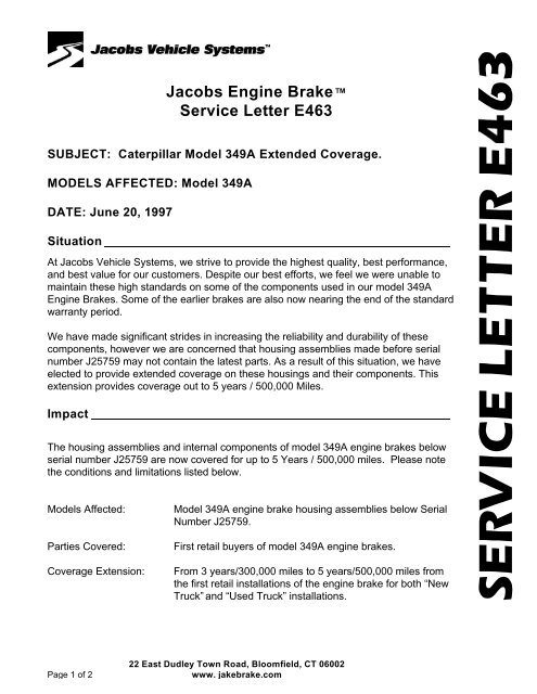 Jacobs Engine Brakeâ ¢ Service Letter E463 - Jacobs Vehicle Systems
