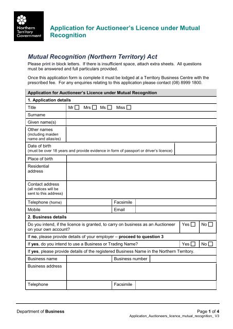 Application for Auctioneer's Licence under Mutual Recognition ...