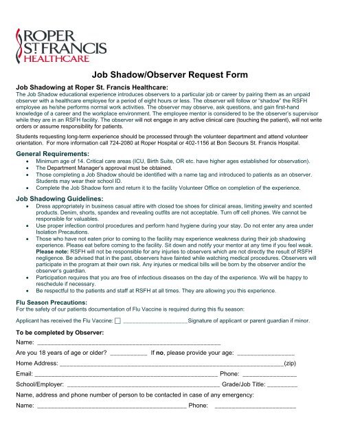 Job Shadow Form - Roper St. Francis Healthcare