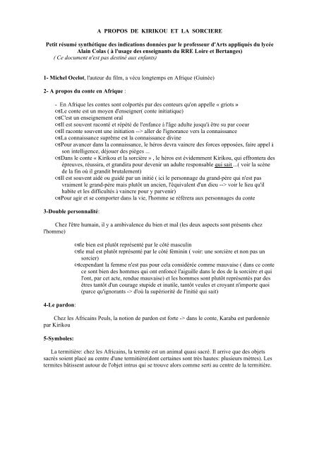 A PROPOS DE KIRIKOU ET LA SORCIERE Petit résumé ...