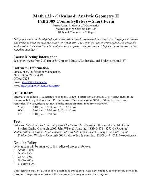Math 122 - Calculus & Analytic Geometry II Fall 2009 Course Syllabus