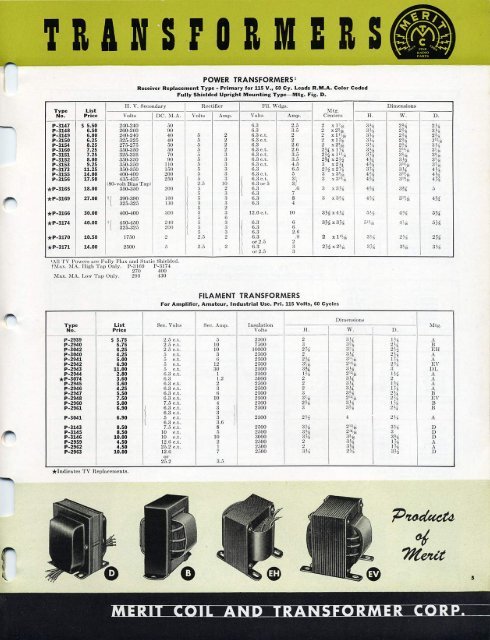 1951 Merit transformer and coil catalog - tubebooks.org