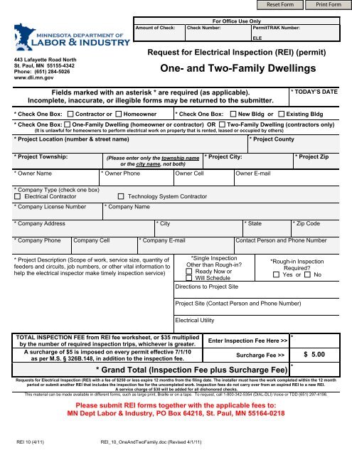 Request for Electrical Inspection permit form for one - Minnesota ...