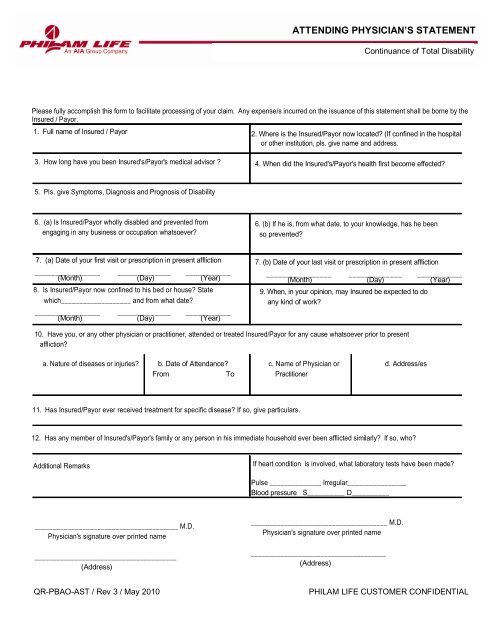 Attending Physician Statement for Continuance of Total ... - Philam Life