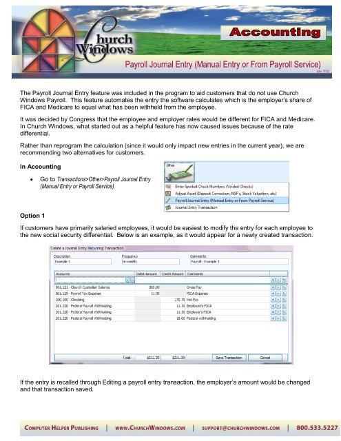 Payroll Journal Entry (Manual Entry or From ... - Church Windows