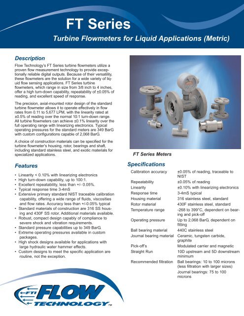Flow Technology FT Series Turbine Flowmeters for Liquid Applications