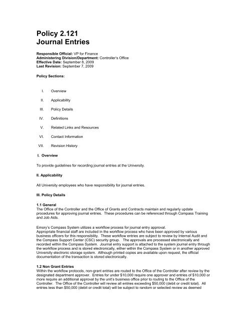 Journal Entry Approval Policy - Emory Finance