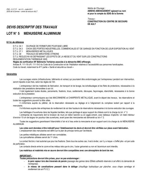 devis descriptif des travaux lot nÂ° 5 menuiserie aluminium