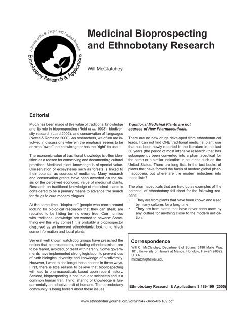 Medicinal Bioprospecting and Ethnobotany Research