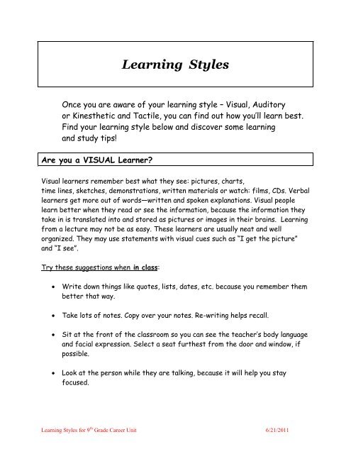 Learning Styles - Study Tips and Career Suggestions