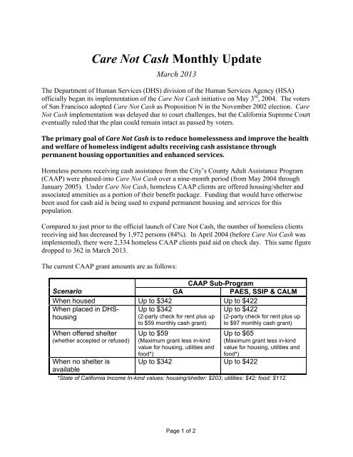 Care Not Cash Monthly Update - Human Services Agency of San ...