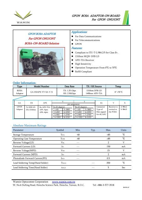 GPON BOSA ADAPTOR-ON-BOARD For GPON ... - Wamin.com.tw