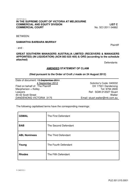 Amended Statement of Claim - Supreme Court Class Actions