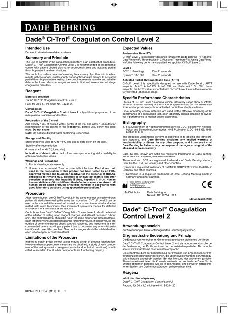 DadeÂ® Ci-TrolÂ® Coagulation Control Level 2 DadeÂ® Ci ... - Medcorp