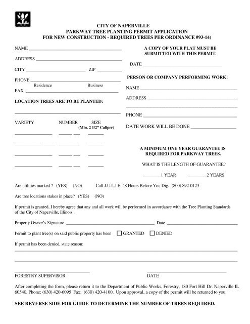 CITY OF NAPERVILLE PARKWAY TREE PLANTING PERMIT ...